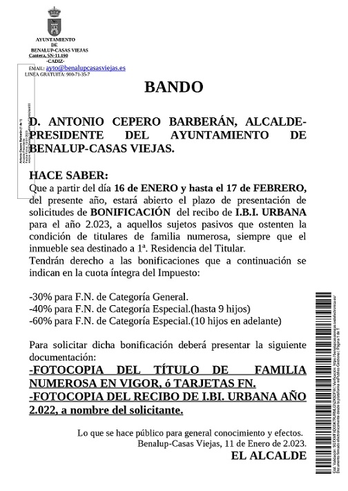 Abierto desde hoy el plazo para las bonificaciones en el IBI de las familias numerosas